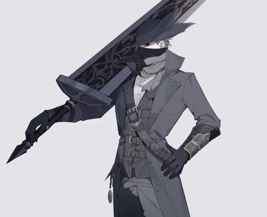 Safebooru - 1boy belt bloodborne gloves greatsword grey background hat ...