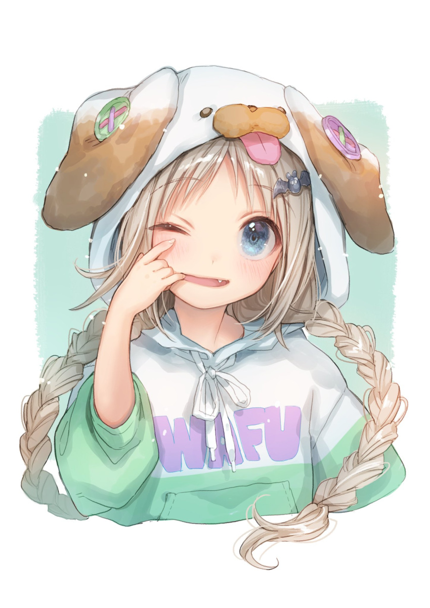 Safebooru - 1girl animal hood bat hair ornament blue eyes blush braid clothes writing commentary ...