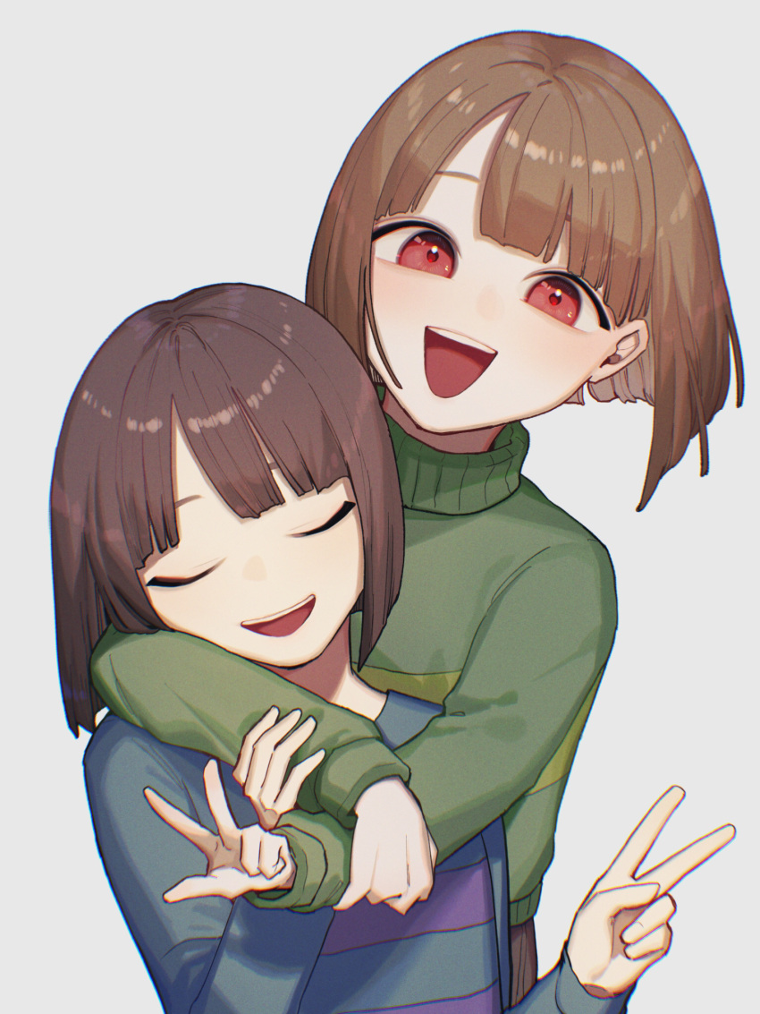 Safebooru - 2others :d blue shirt blunt bangs blunt ends bob cut center ...