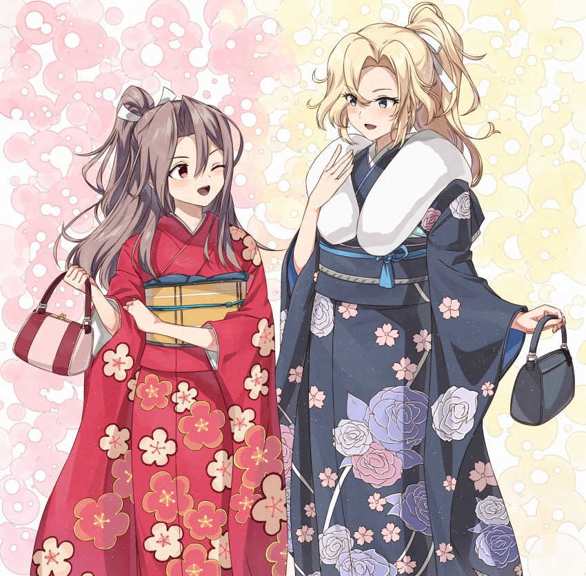Safebooru - 2girls absurdres bag black kimono blonde hair blush brown eyes commission floral ...