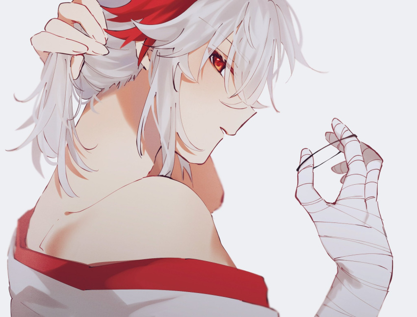 Safebooru - 1boy adjusting hair bandaged arm bandages bare shoulders from behind from side ...