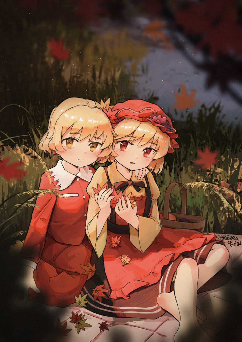 Safebooru - 2girls absurdres aki minoriko aki shizuha apron blonde hair hat highres leaf looking ...