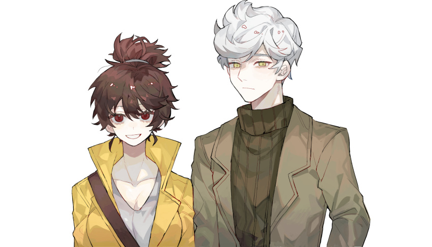 Safebooru - 1boy 1girl breasts brown hair brown sweater closed mouth ...