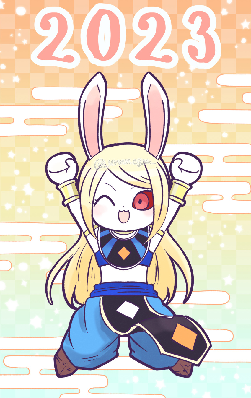 Safebooru - 1girl 2023 absurdres animal ears arms up bandeau blonde hair blue bandeau blue pants ...