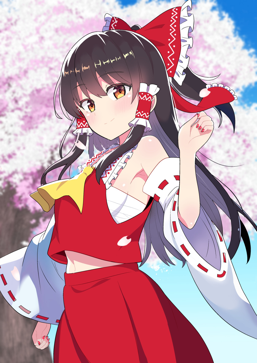 Safebooru - 1girl absurdres ascot blush bow brown hair cherry blossoms chest sarashi closed ...