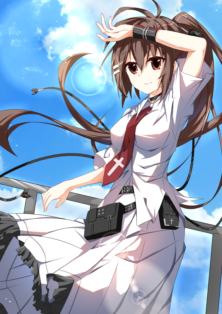 Safebooru - 1girl absurdres belt black belt black choker blue sky blush brown eyes brown hair ...