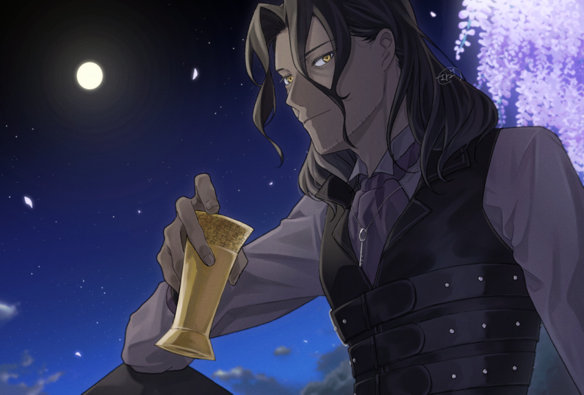 Safebooru - 1boy black hair dark-skinned male dark skin falling petals ...