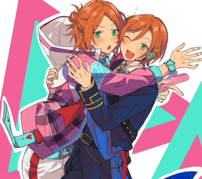 Safebooru - 2boys :o ;d akarin1006 aoi hinata aoi yuta aqua armband ...