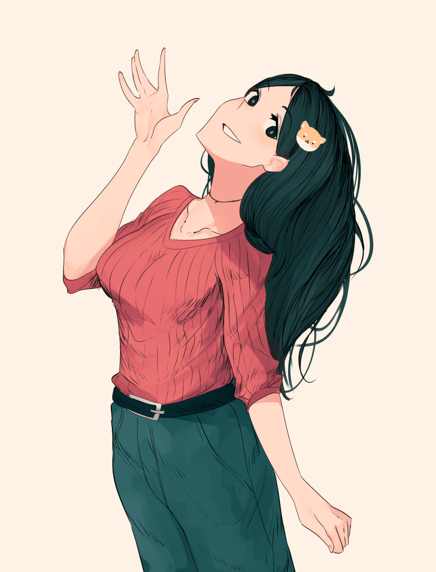 Safebooru - 1girl absurdres arm at side belt black eyes black hair blue pants breasts collarbone ...