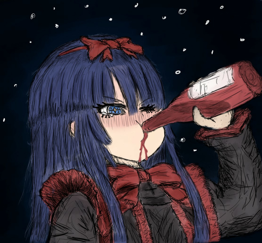 Safebooru - 1girl black dress black souls blue eyes blue hair bottle ...