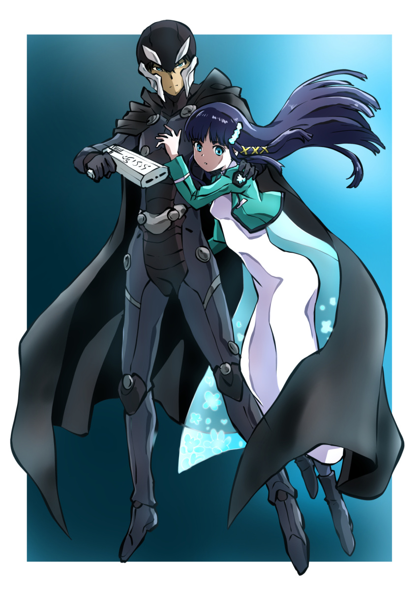 Safebooru - 1boy 1girl black bodysuit black cape black footwear black hair black helmet blue ...