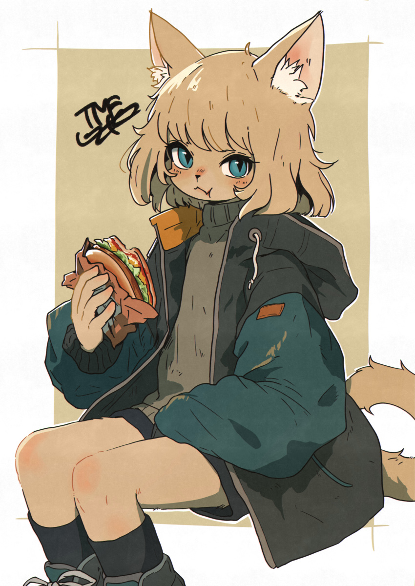 Safebooru - 1girl :t absurdres animal ear fluff animal ears black shorts black socks blue eyes ...