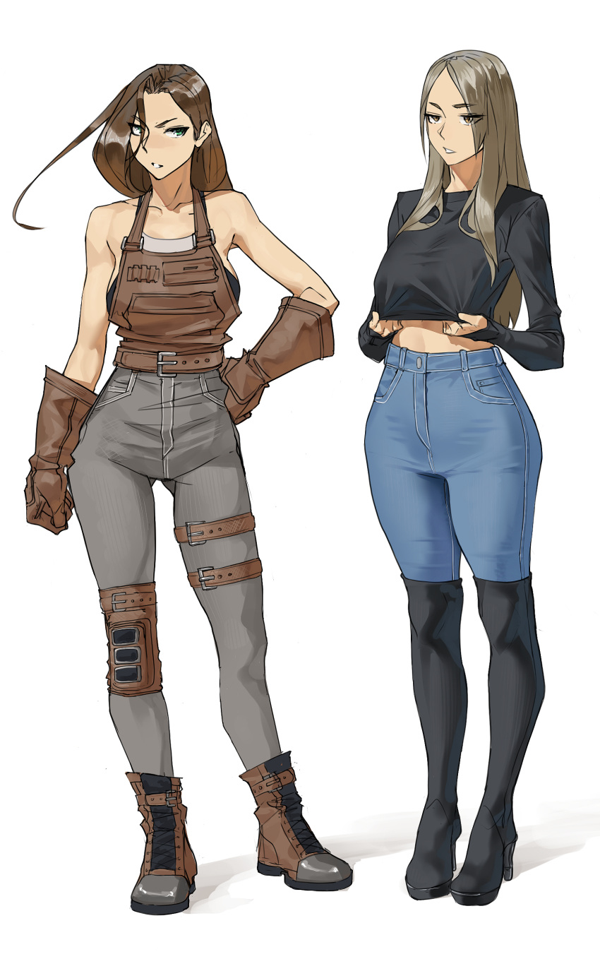 Safebooru - 2girls absurdres blue eyes boots brown eyes brown hair denim gloves high-waist pants ...