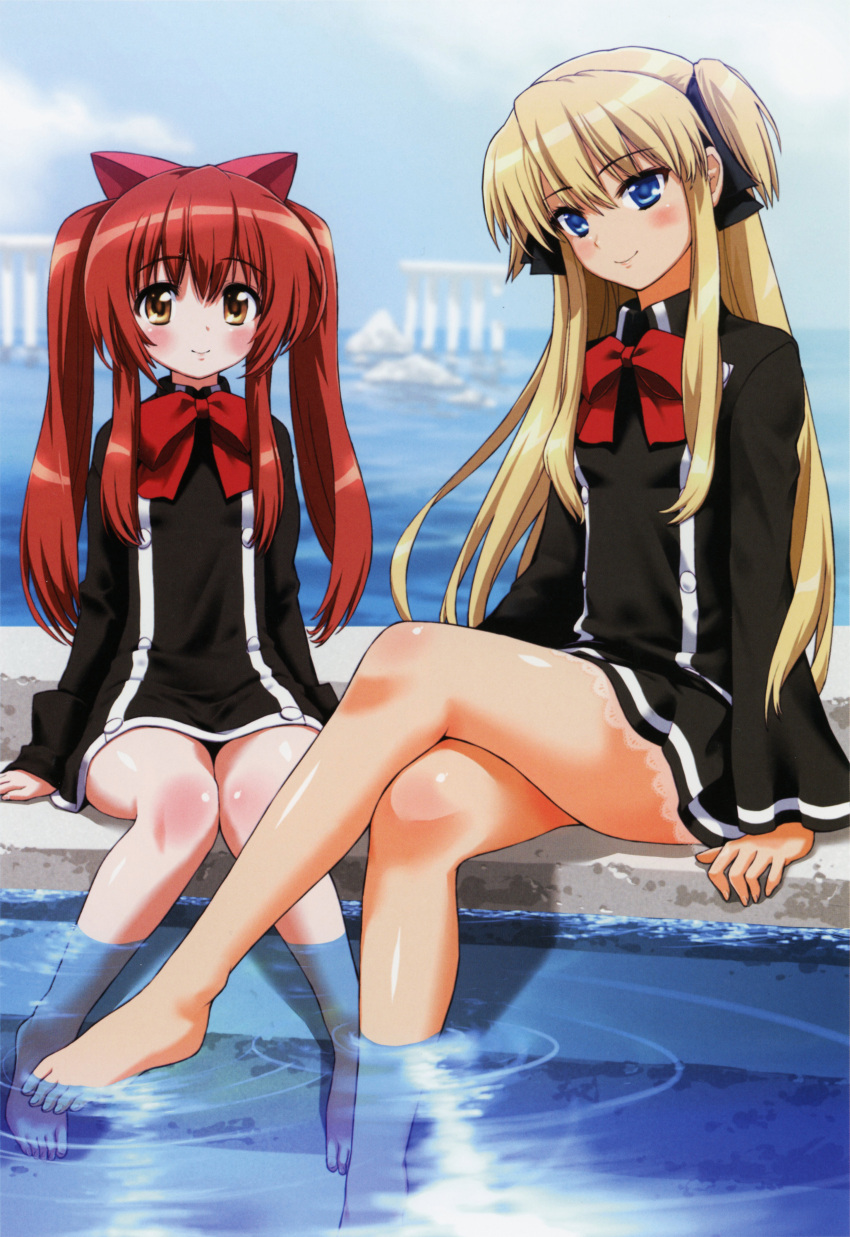 Safebooru - 2girls absurdres aloe (quiz magic academy) barefoot blonde hair bow brown eyes brown ...