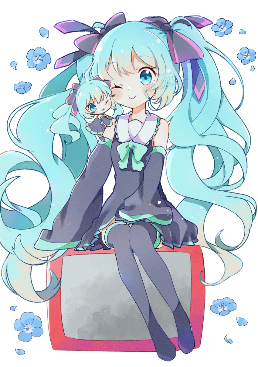 Safebooru - 2girls absurdres aobahosino aqua eyes aqua hair black bow black dress black sleeves ...