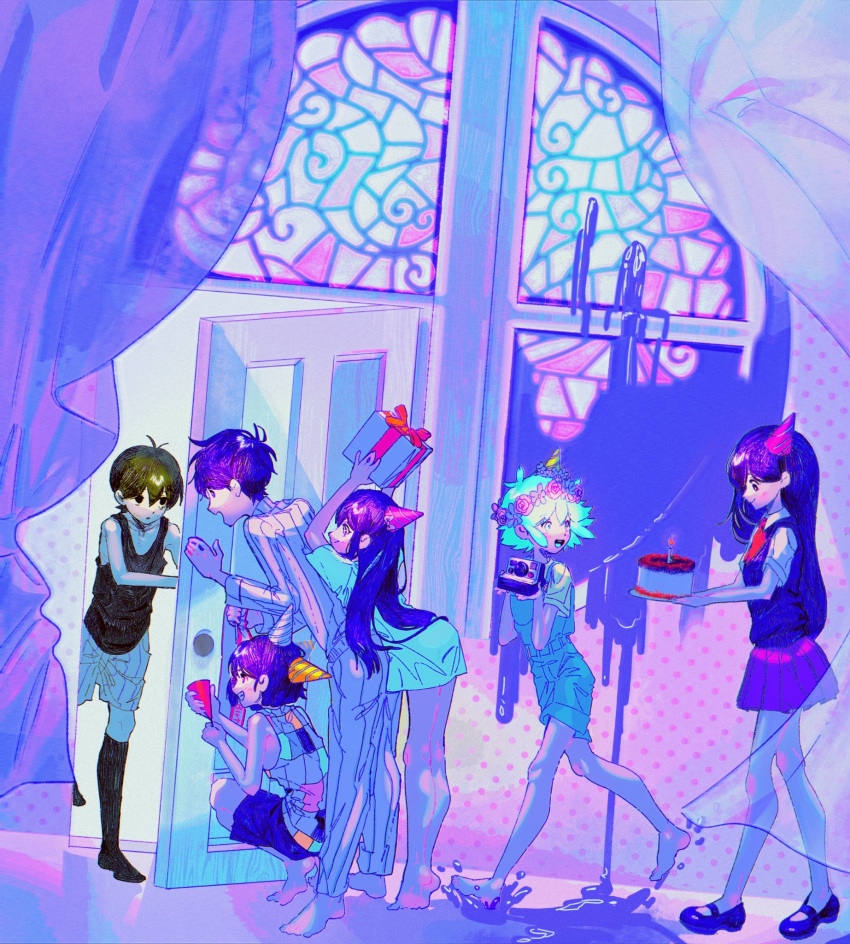 Safebooru - 2girls 4boys arms up aubrey (headspace) (omori) aubrey (omori) barefoot basil ...