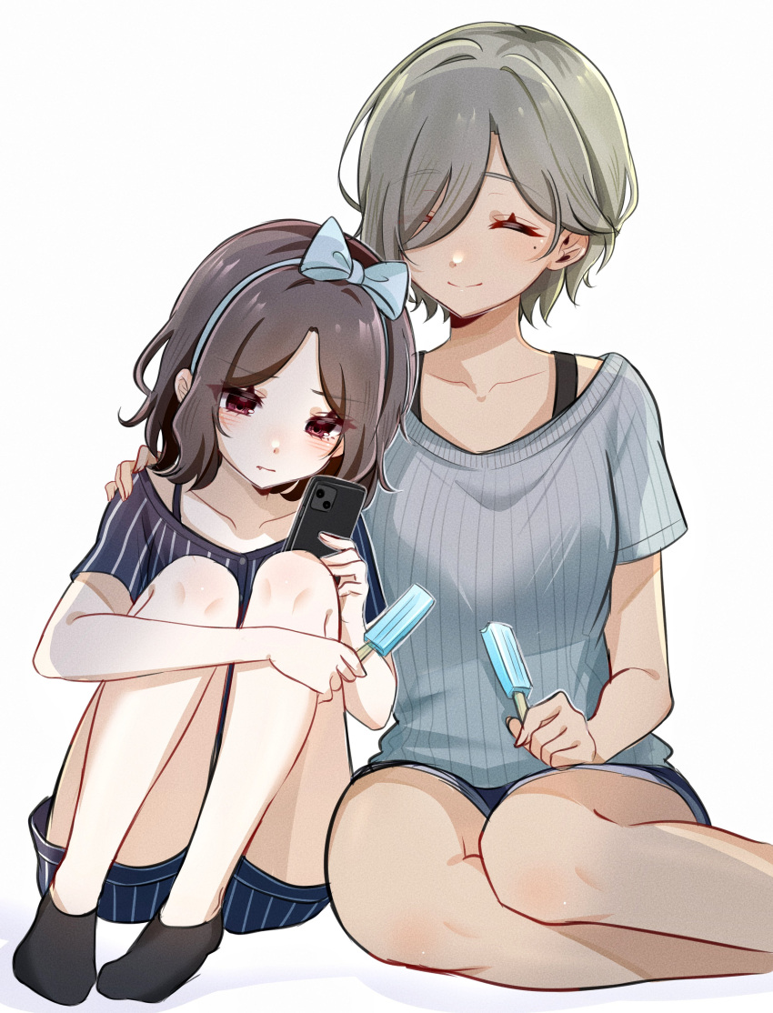 Safebooru - 2girls absurdres black shirt black shorts black socks blush brown hair cellphone ...