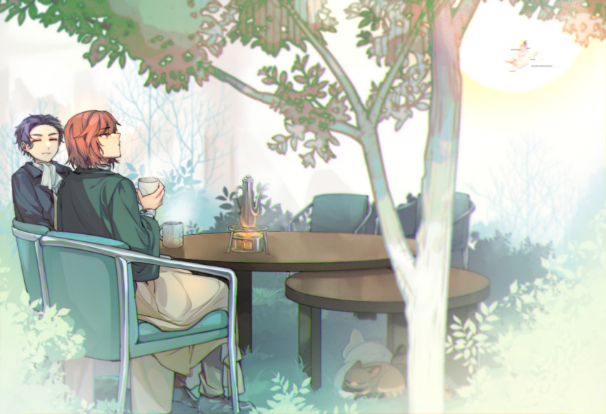 Safebooru - 2boys ascot black jacket blue hair brown hair cat chromatic ...