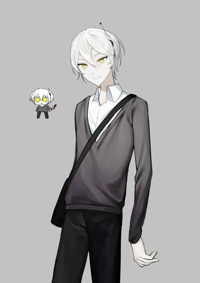 Safebooru - 1boy absurdres bag black bag black pants chibi collared ...