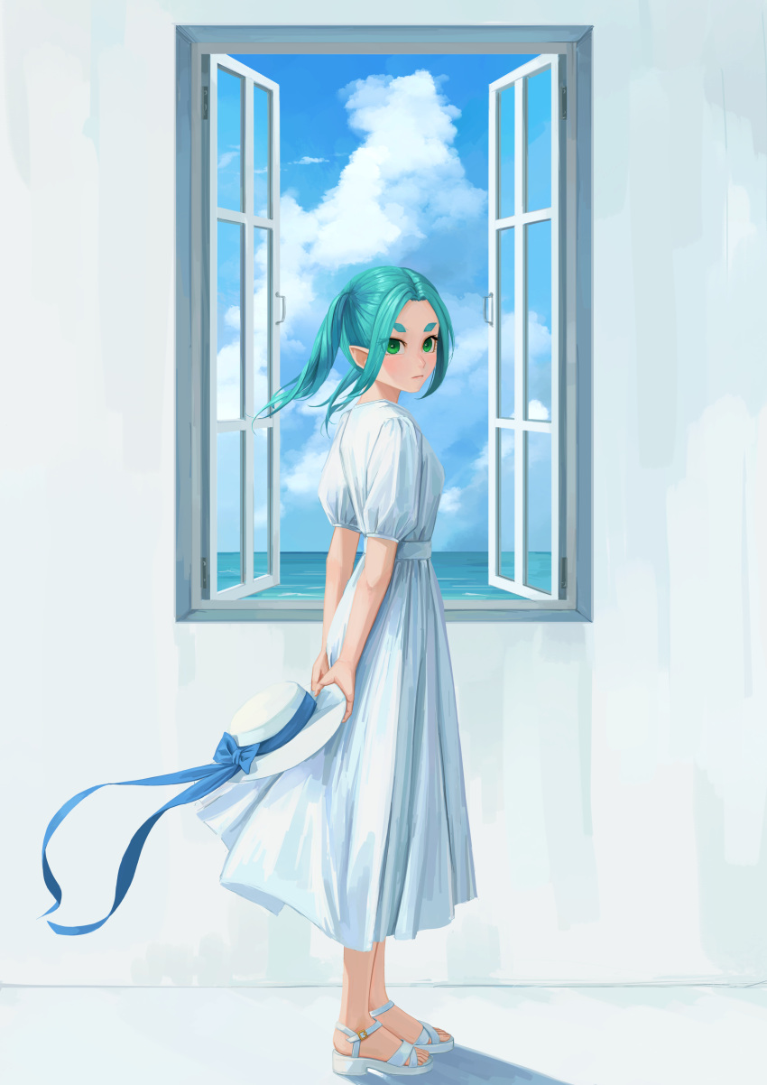 Safebooru - 1girl absurdres blue sky closed mouth clouds cumulonimbus cloud dress green eyes hat ...