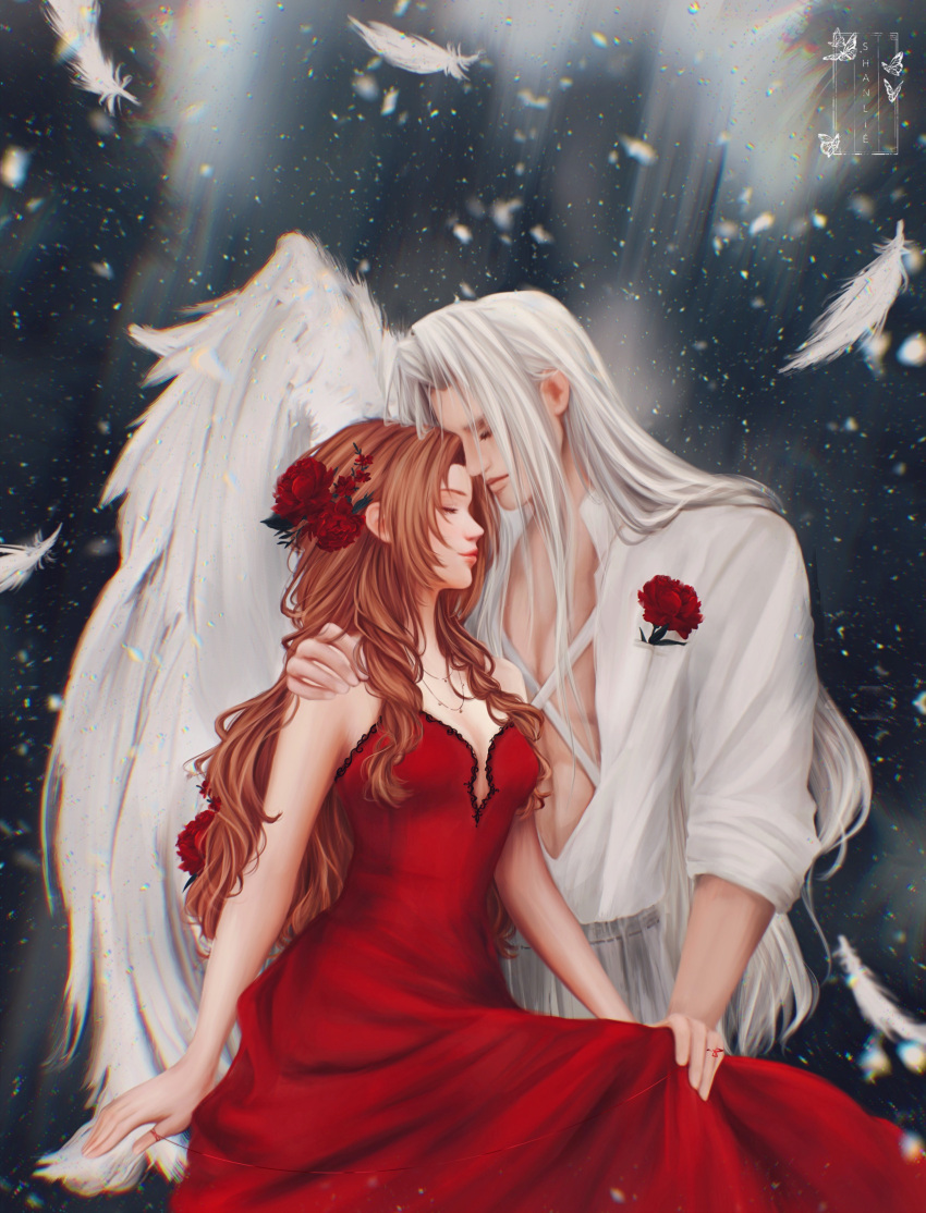 Safebooru - 1boy 1girl absurdres aerith gainsborough aerith gainsborough (red dress) arm around ...