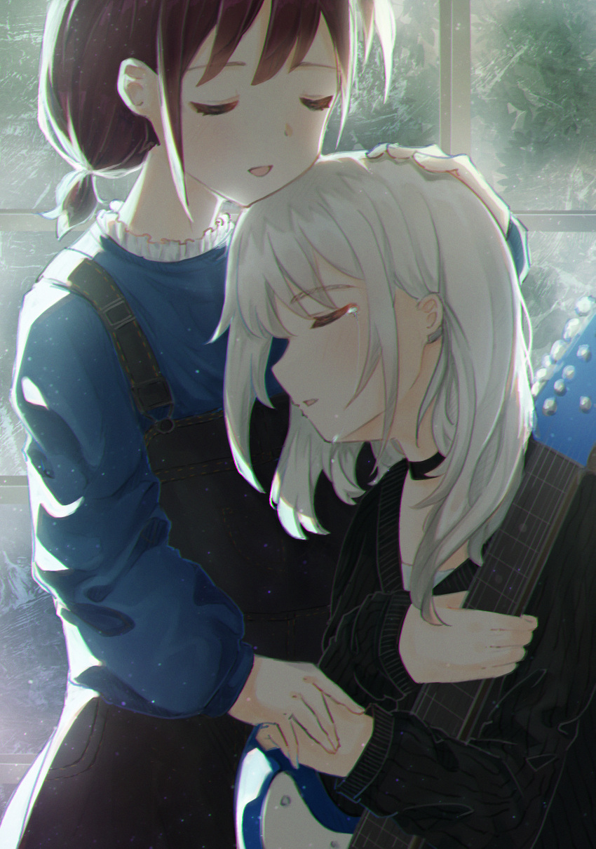 Safebooru - 2girls absurdres black overalls black sweater blue sweater blush brown hair ...