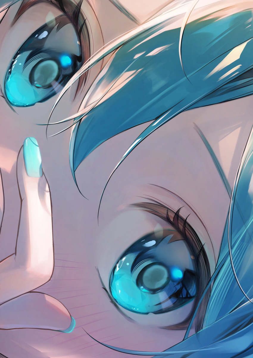 Safebooru - 1girl absurdres aqua eyes aqua hair aqua nails blush close-up commentary request eye ...