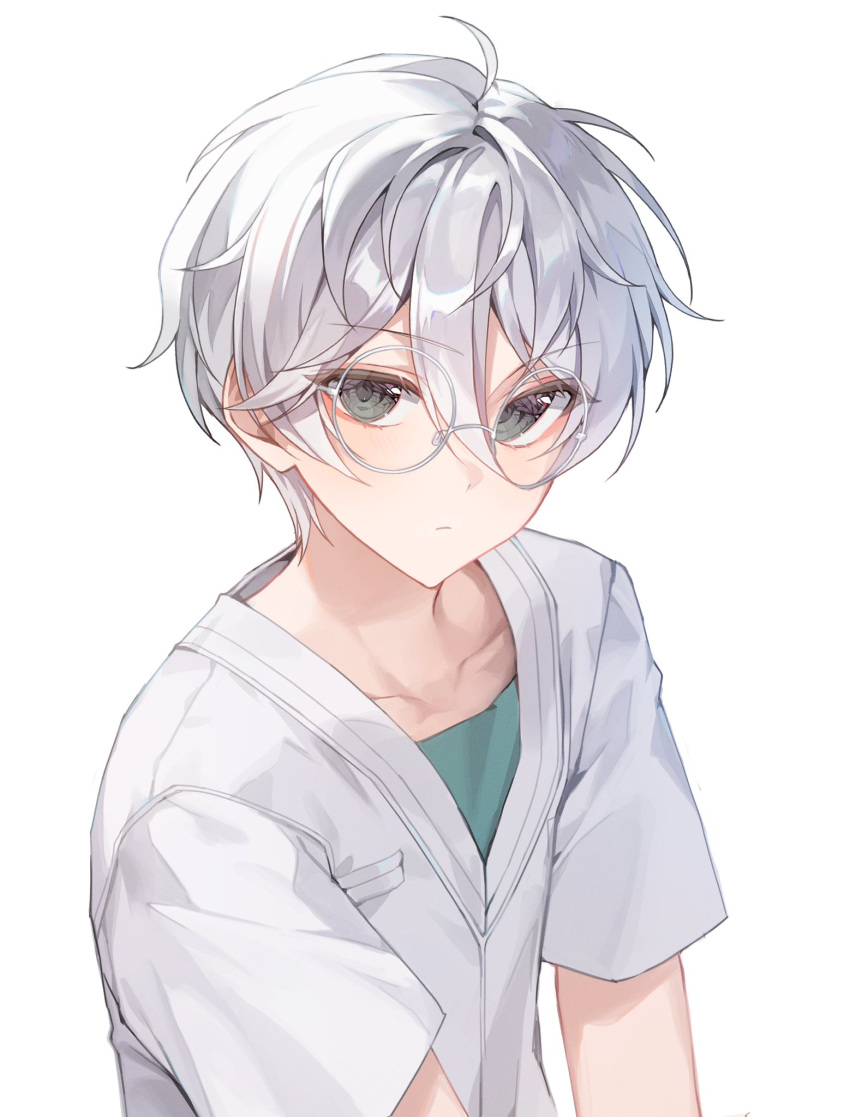 Safebooru - 1boy aqua shirt closed mouth double-parted bangs ensemble stars! expressionless grey ...