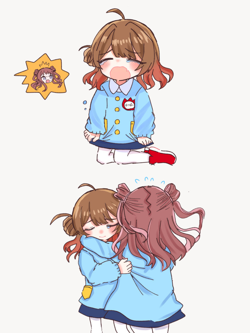 Safebooru - 2girls ^^^ ahoge blue shirt blue skirt blush brown hair ...