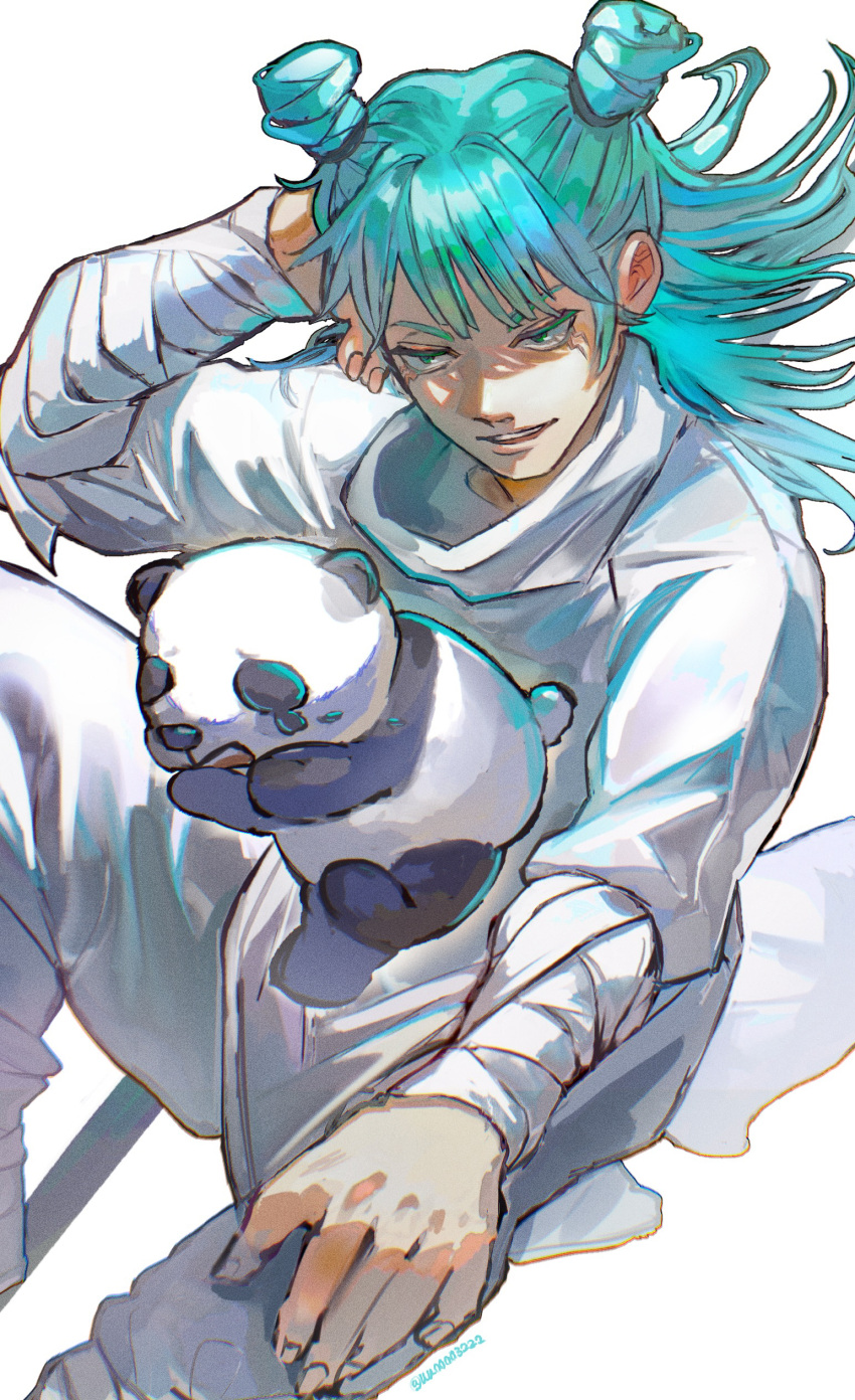 Safebooru - 1boy absurdres aqua eyes aqua hair double bun farmer hair ...