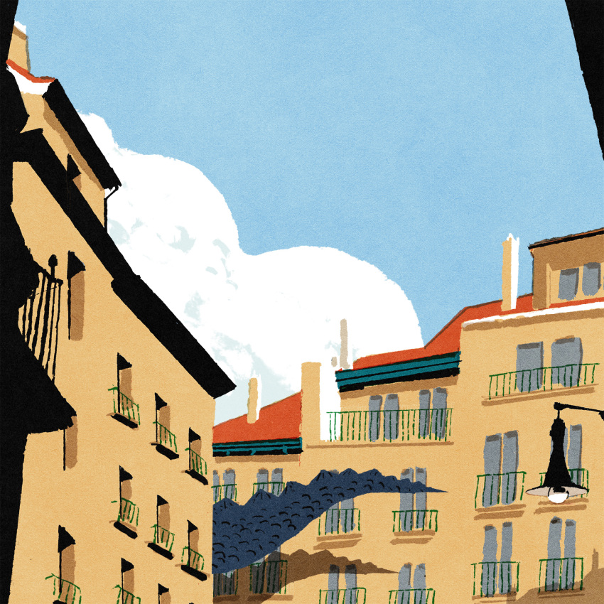 Safebooru - blue sky building clouds day highres iida kento monster no humans original outdoors ...