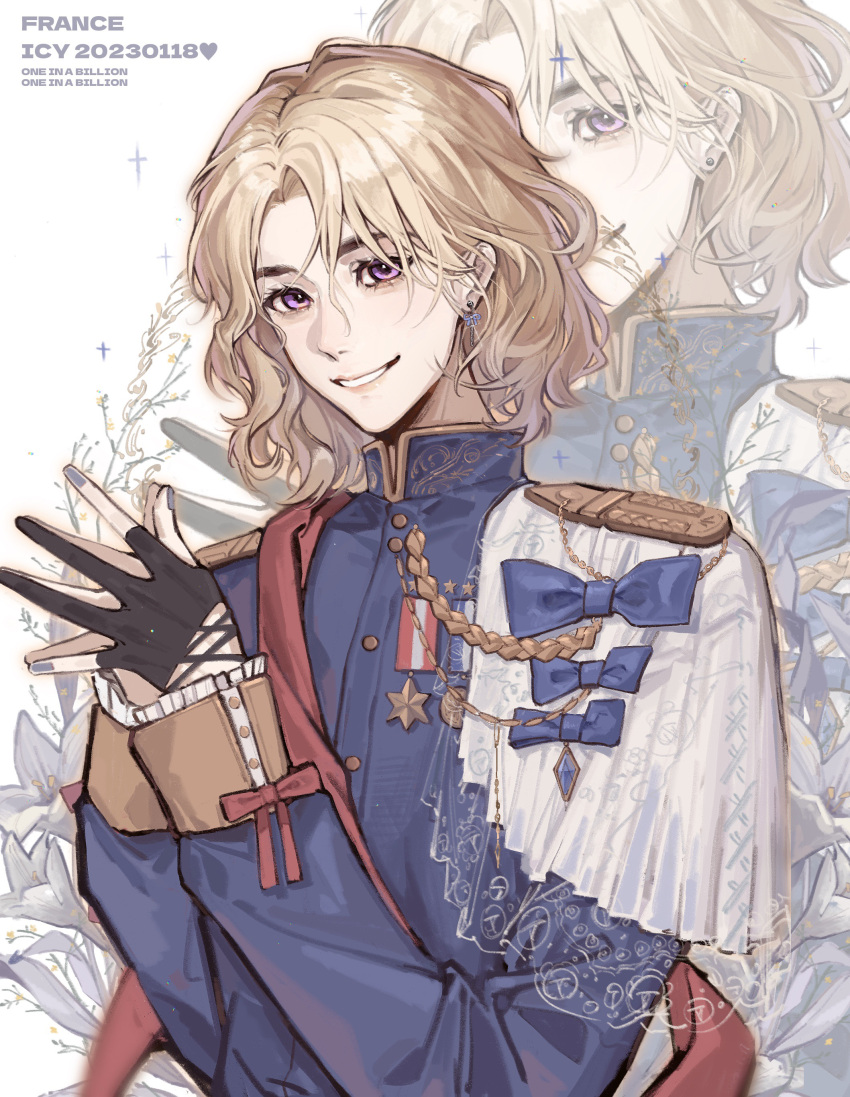 Safebooru - 1boy absurdres award ribbon axis powers hetalia black gloves blonde hair blue jacket ...