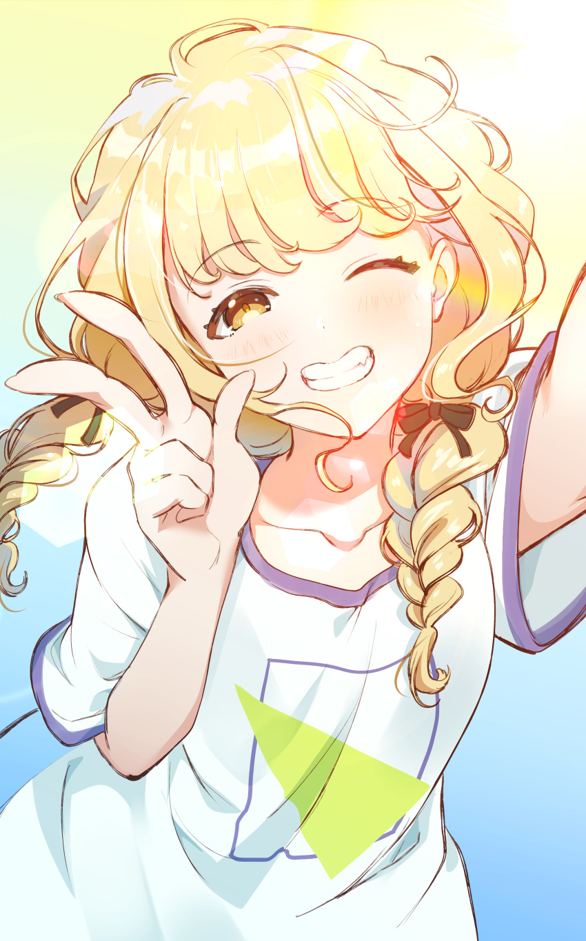 Safebooru - 1girl ;d absurdres arm up blonde hair blush braid ...