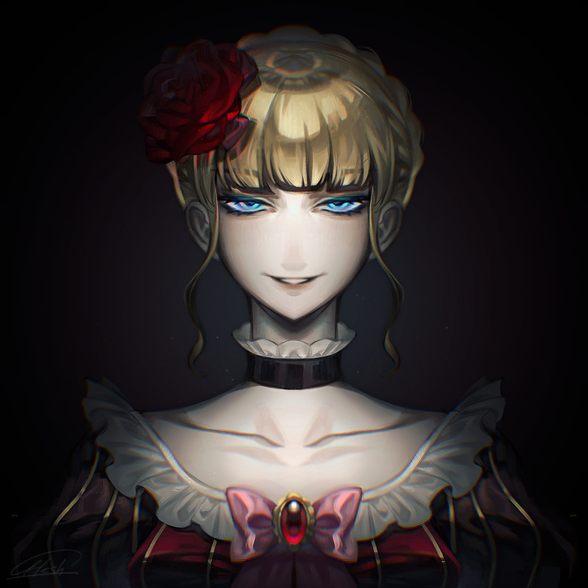 Safebooru - 1girl beatrice (umineko) black background blonde hair blue eyes bow braid choker ...