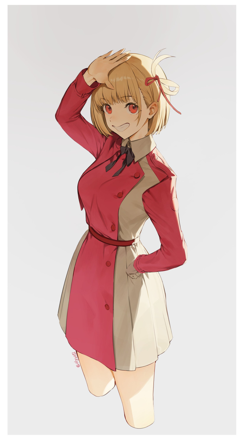 Safebooru - 1girl absurdres belt blonde hair blue ribbon bob cut commentary dress grey ...