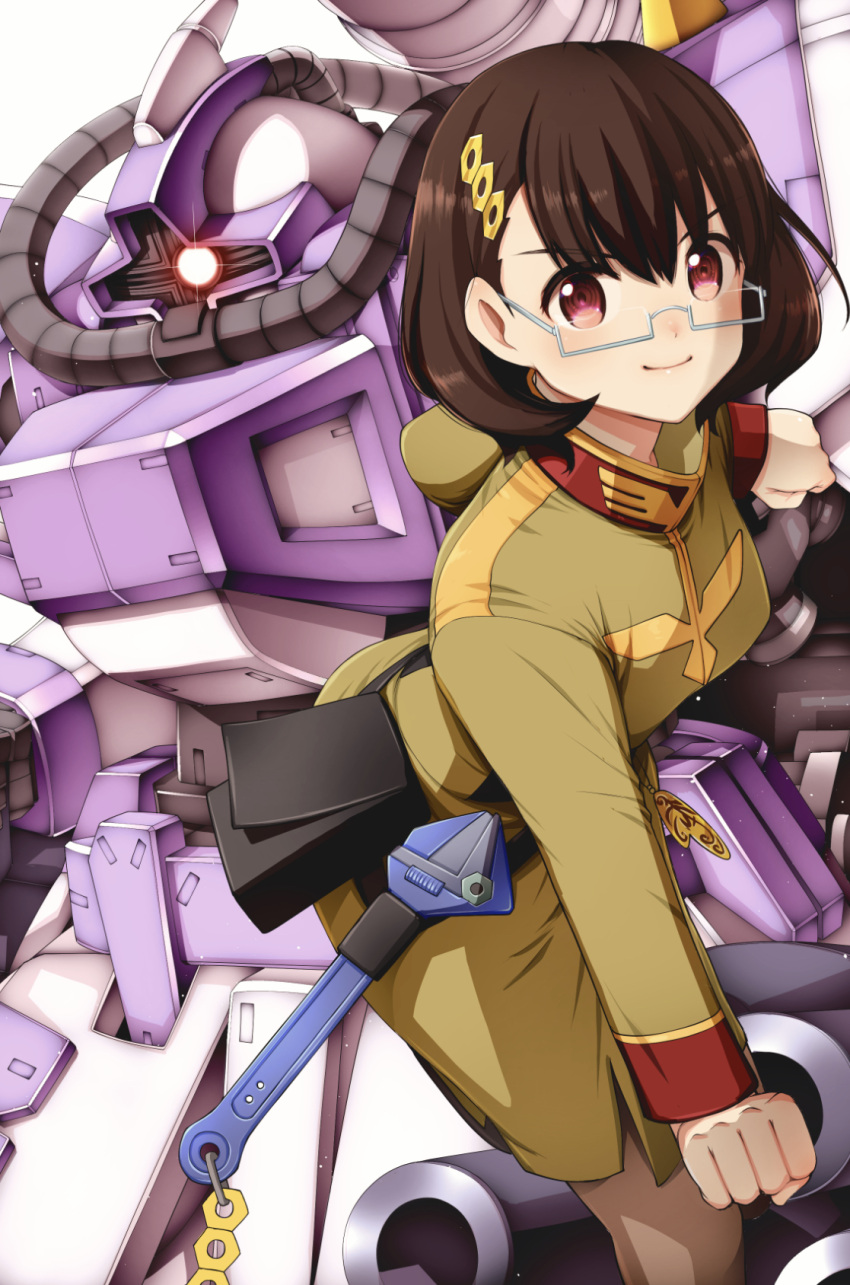 Safebooru - 1girl adjustable wrench bag belt breasts brown eyes brown hair dom (mobile suit) dom ...