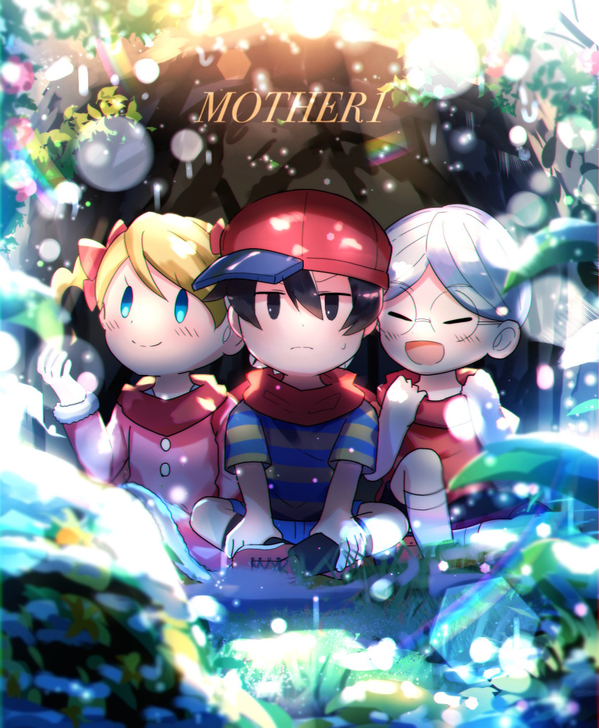 Safebooru - 1girl 2boys ana (mother) baseball cap black hair blonde hair dress hat highres lloyd ...