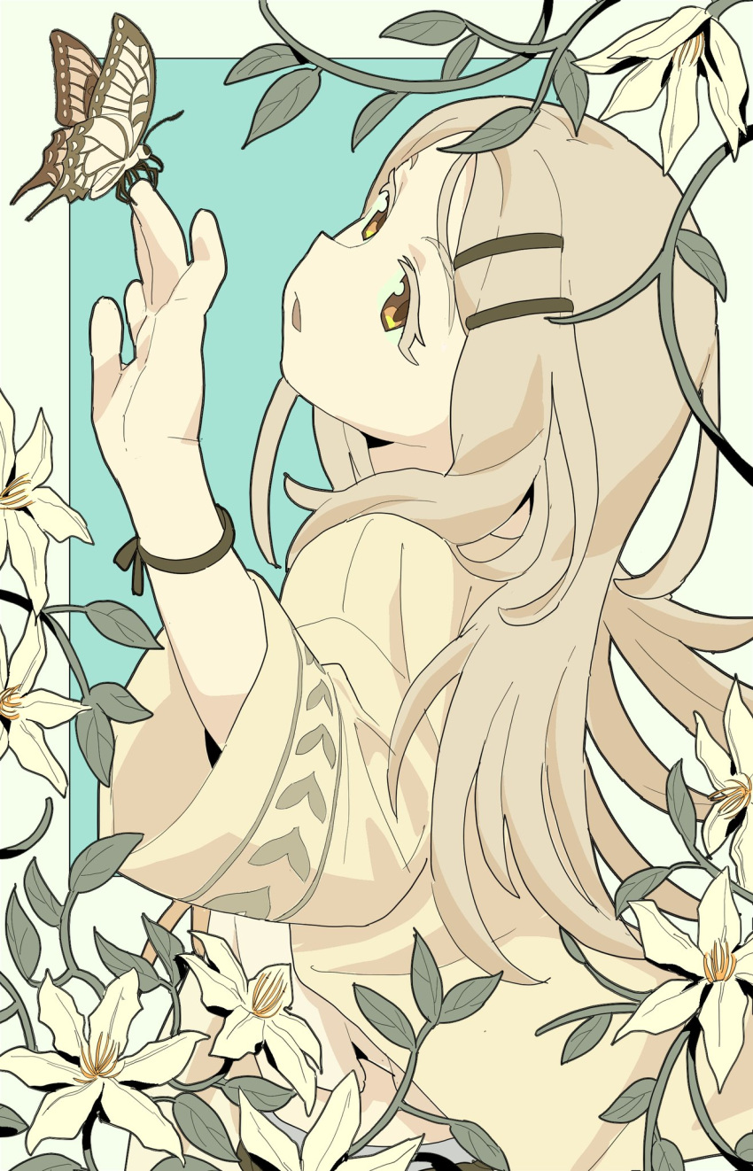 Safebooru - 1girl art nouveau blonde hair bracelet branch brown eyes bug butterfly commentary ...