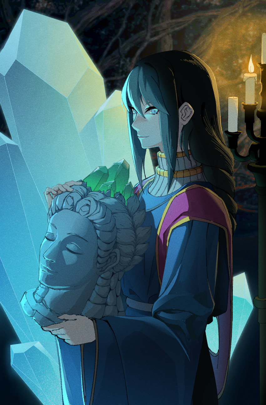 Safebooru - 1girl absurdres black hair blue eyes blue robe candle ...