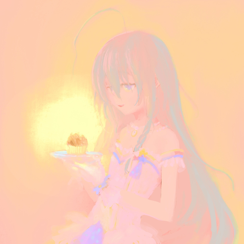 Safebooru - 1girl ahoge arm strap bare shoulders dress food gloves gradient background grey eyes ...