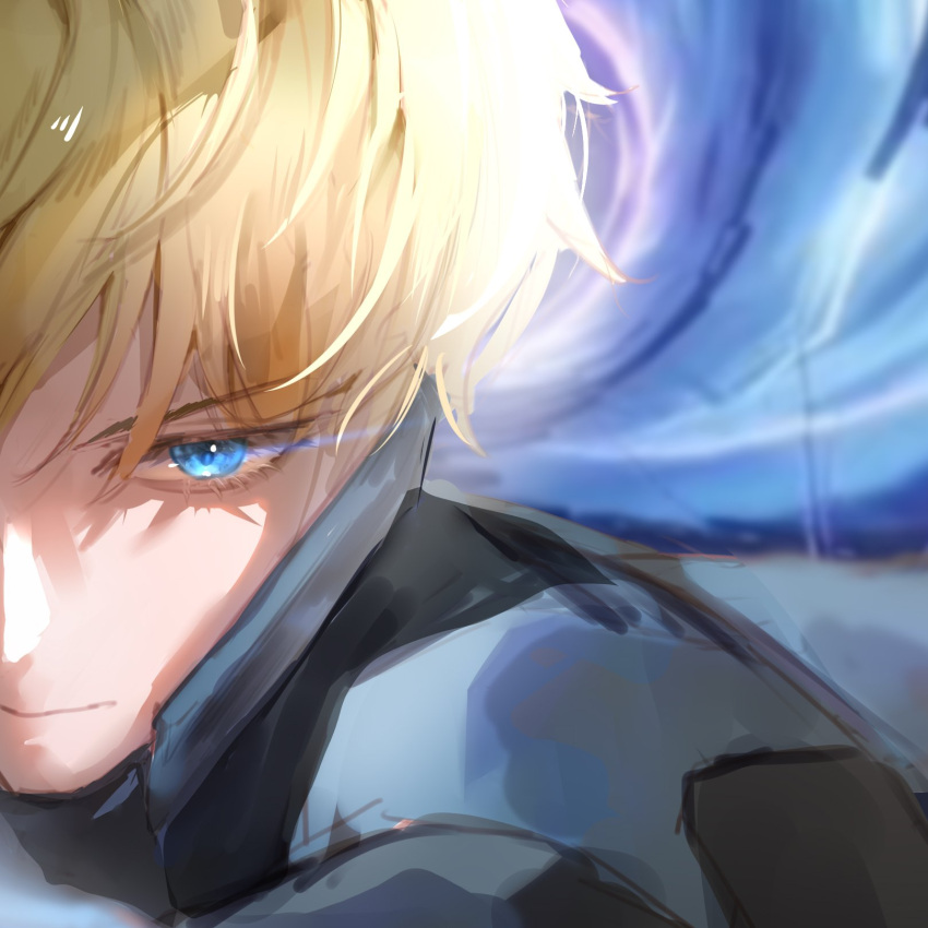 Safebooru - 1boy black bodysuit blonde hair blue eyes bodysuit close-up closed mouth hair ...