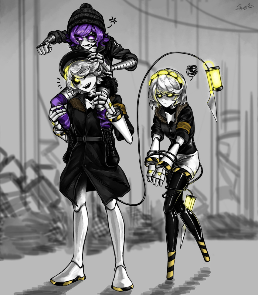 Safebooru - 1boy 2girls absurdres android black footwear black hairband ...