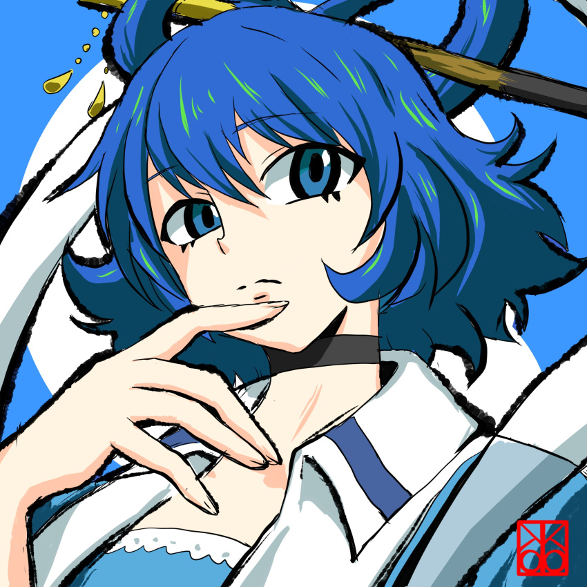 Safebooru - 1girl blue background blue eyes blue hair blue theme hair ornament hair rings hair ...