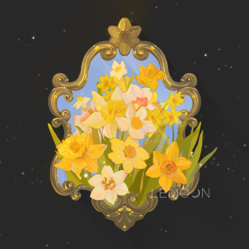 Safebooru - artist name black background crescent daffodil flower flower focus highres leaf ...