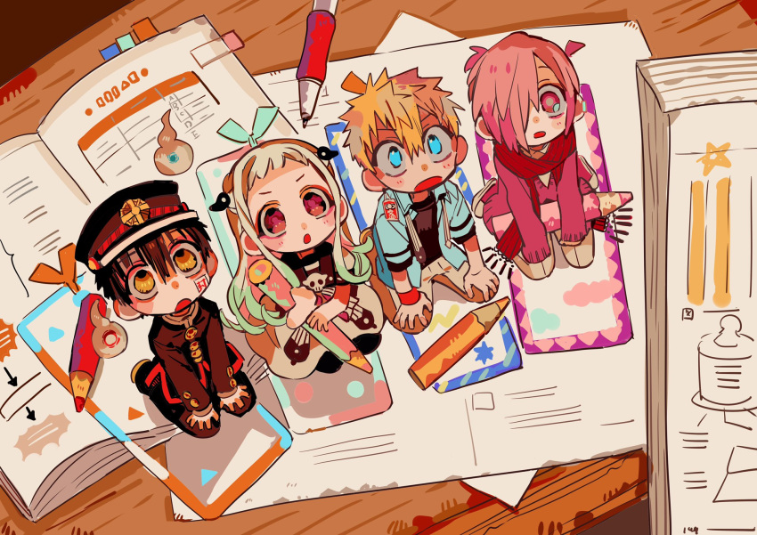 Safebooru - 1girl 3boys :o book deformed from above full body hanako ...