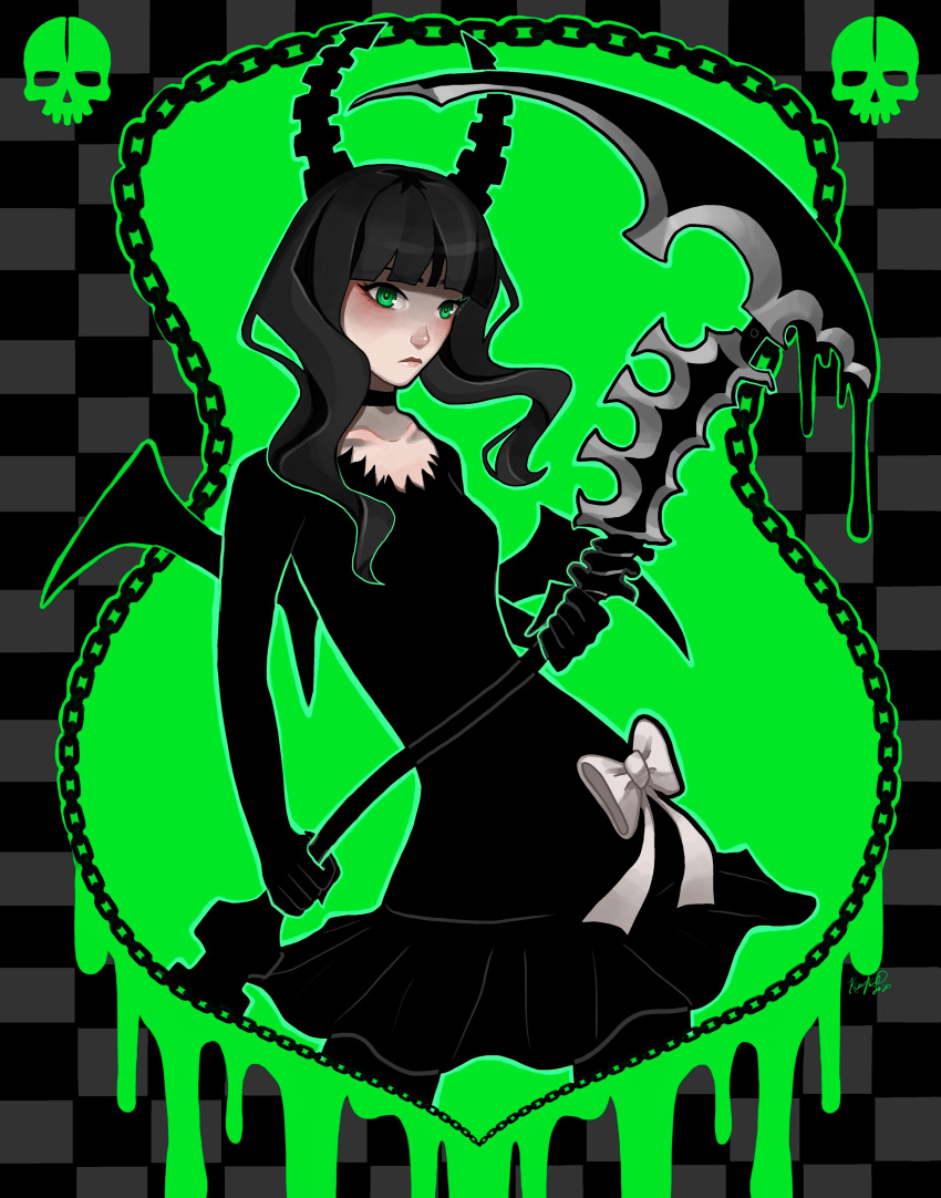 Safebooru - 1girl absurdres black dress black hair black horns black rock shooter chain dead ...