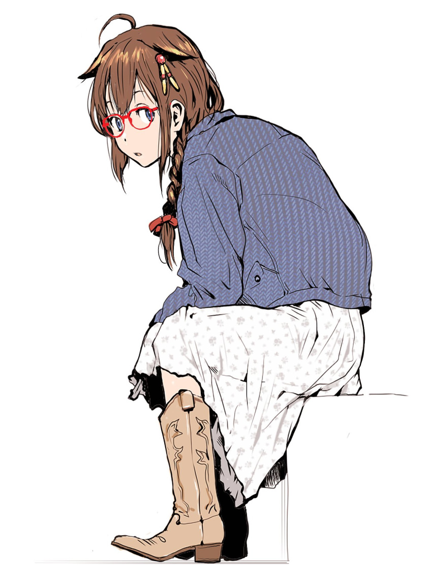 Safebooru - 1girl ahoge alternate costume bespectacled blue eyes blue shirt boots braid brown ...