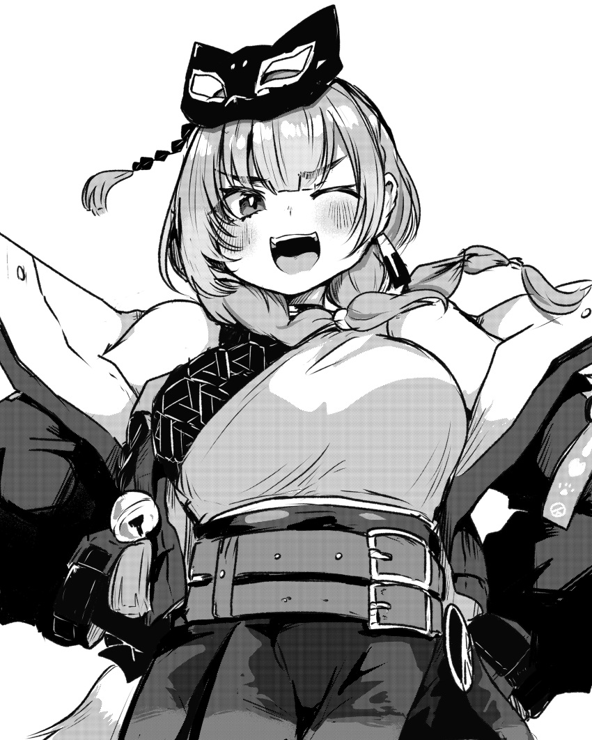 Safebooru - absurdres bare shoulders belt black jacket black skirt braid earrings fox fox mask ...