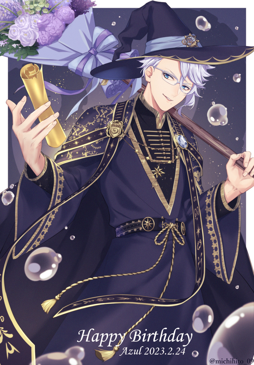 Safebooru - 1boy azul ashengrotto black robe blue eyes bouquet bubble commentary request cowboy ...