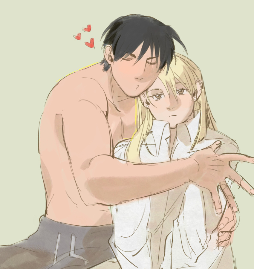 Safebooru - 1boy 1girl affectionate arms around waist black hair blank stare blonde hair blowing ...